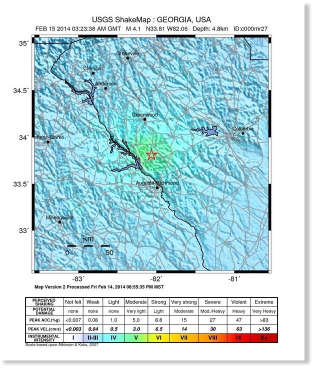 USGS: Earthquake Magnitude 4.1 - 12km WNW of Edgefield, South Carolina ...